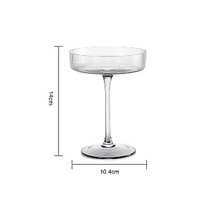 Ribbed Coupe Cocktail Glasses 8 oz | Set of 2 | Classic Manhattan Glasses For Cocktails, Champagne Coupe, Ripple Coupe Glasses, Art Deco Gatsby Vintage, Crystal with Stems (Smoke Grey)