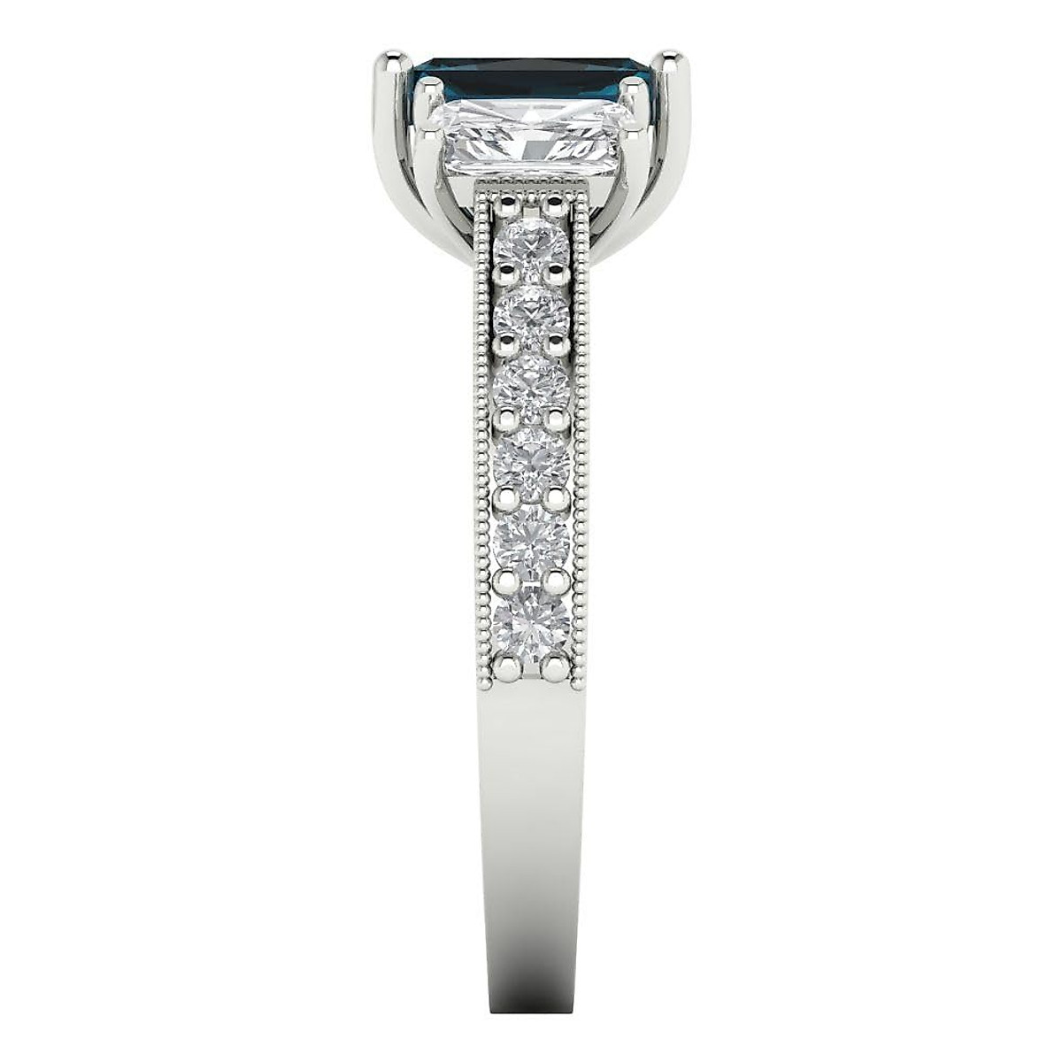 Clara Pucci 1.71ct Emerald Round Cut Solitaire 3 stone Accent Natural London Blue Topaz gemstone designer Modern Ring 14k White Gold