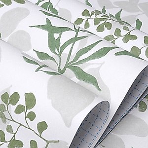 Floral Wallpaper Peel and Stick Green Leaf Contact Paper 17.71'' x 236'' Vintage Plant Watercolor Self Adhesive Textured Wall Paper Vinyl for Home Decoration Boho Removable Wallpaper