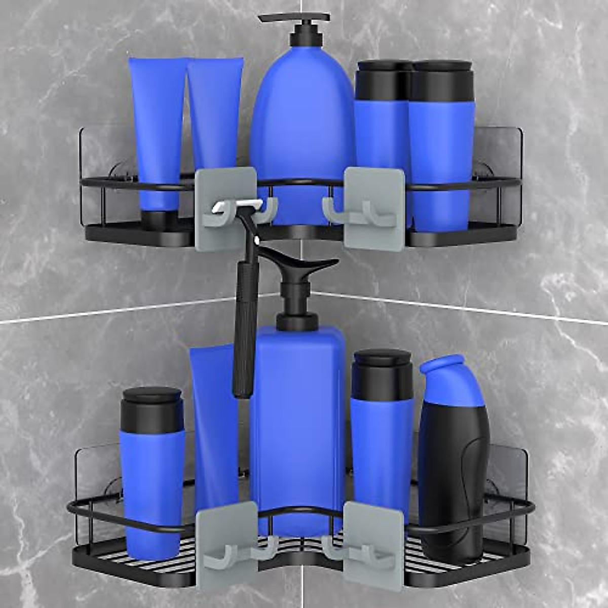 Nieifi Corner Shower Caddy Shelf Organizer Shelves Basket with Hooks, Bathroom Adhesive Shampoo Holder 2 Pack, No Drilling No Rust Black