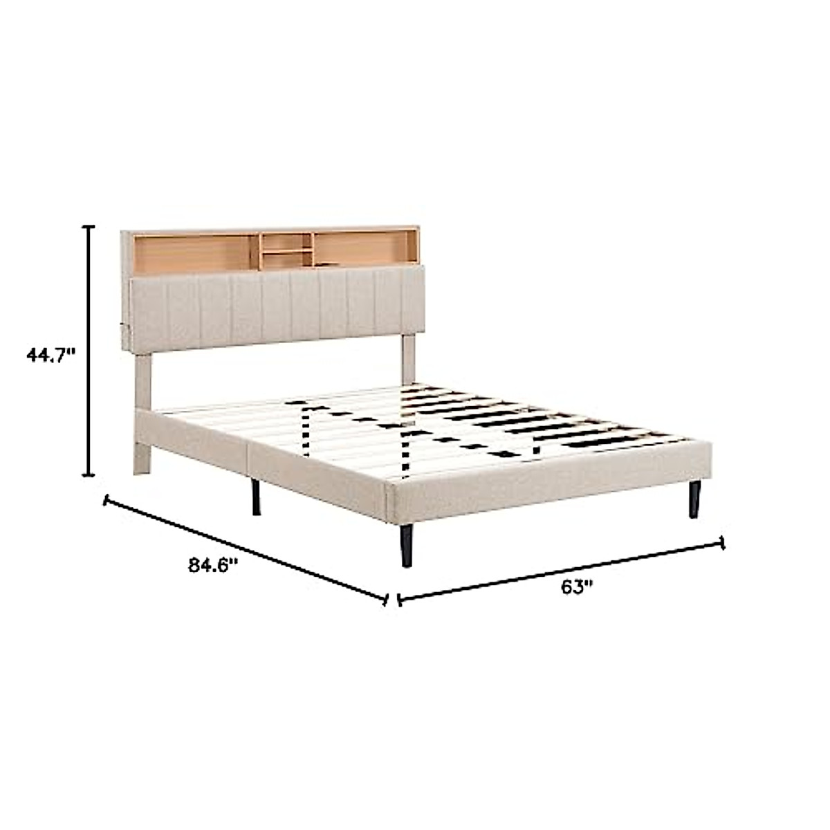 Merax Modern Upholstered Bed Frame with Storage Headboard and USB Port Wood Platform Bed No Box Spring Needed/Space Saving Queen, Beige