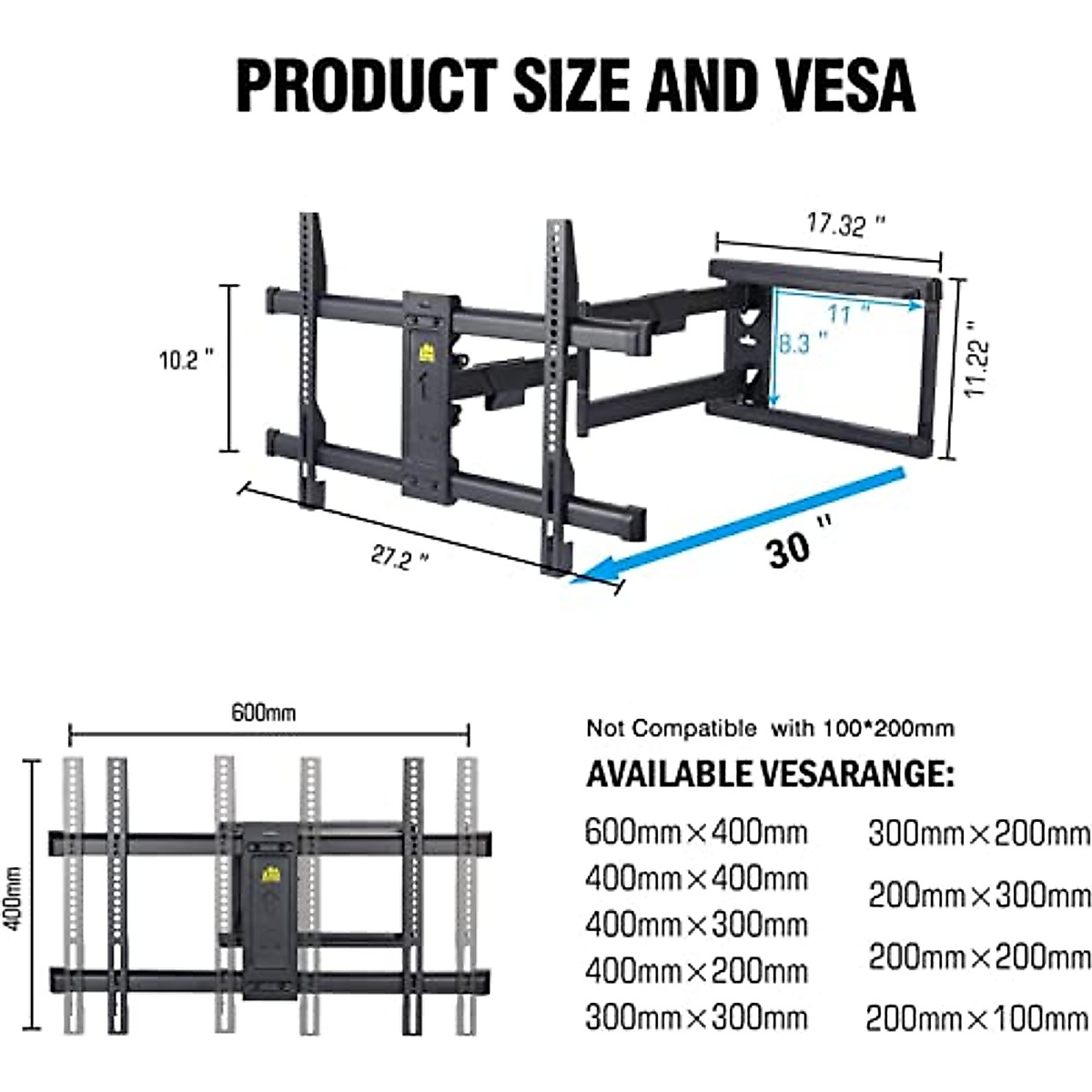 FORGING MOUNT Long Extension TV Mount Corner Wall Mount TV Bracket Full Motion with 30 inch Long Arm for Corner/Flat Installation fits 37 to 75" Flat/Curve TVs, VESA 600x400mm Holds up to 99lbs
