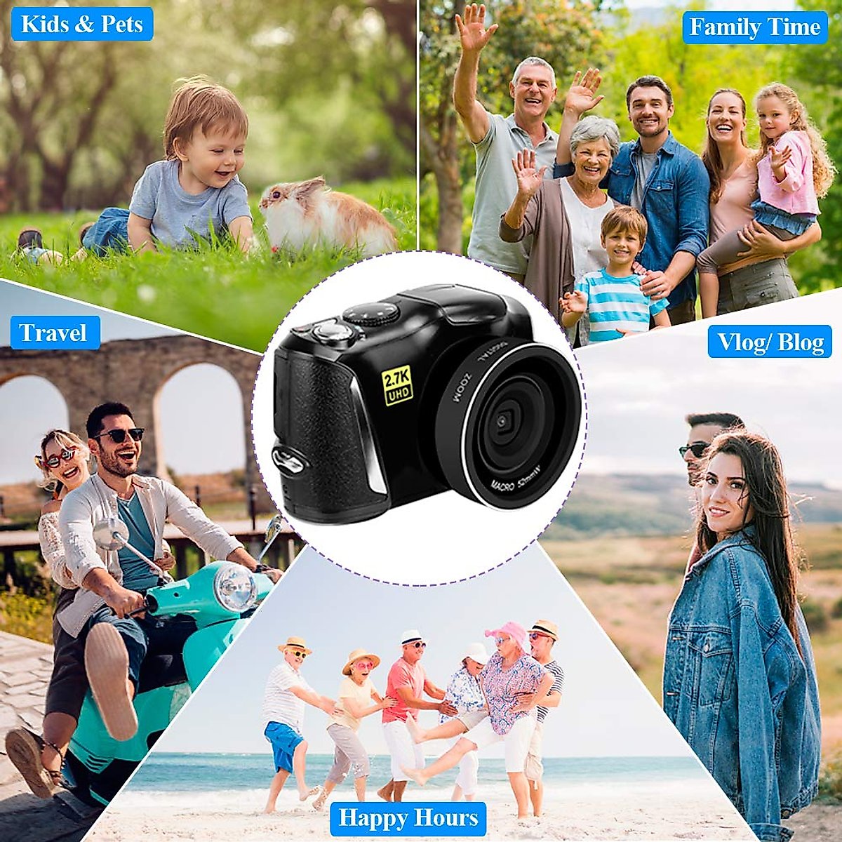 Lincom Tech Digital Camera, 2.7K 48MP Full HD Vlogging Camera Rechargeable YouTube Camera, 3 Inch Portable Compact Mini Blogging Camera Point and Shoot Camera for YouTube, Black