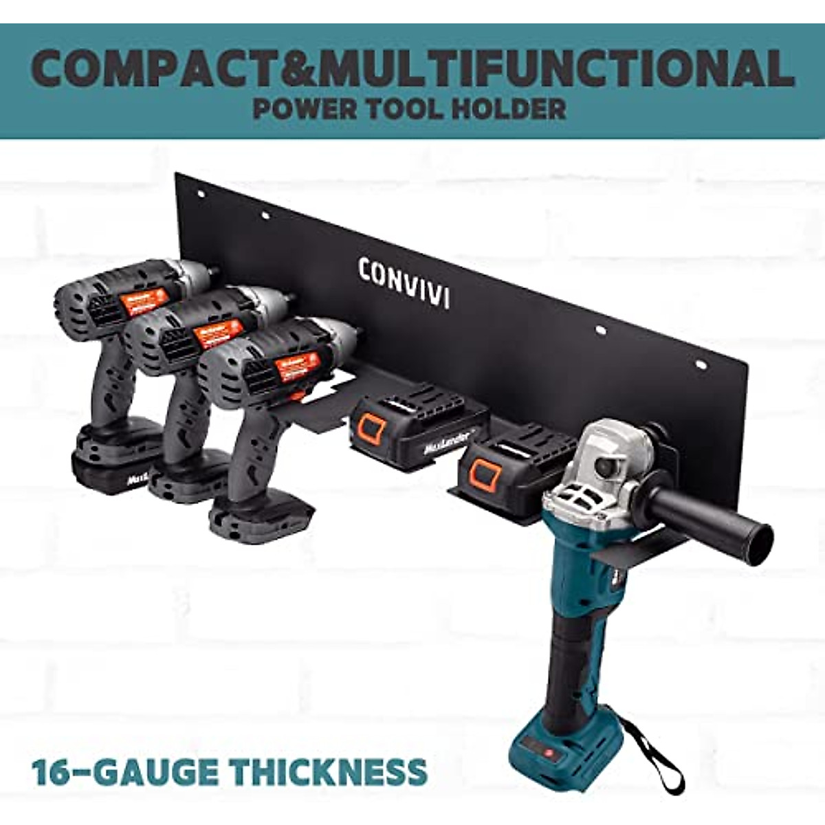 CONVIVI Design Power Tool Holder - Holds 6 Drills Power Tool Storage Rack (Black) - Cordless Power Tool Organizer for Garage - HeavyDuty Drill Holder Wall Mount - Easy to Install