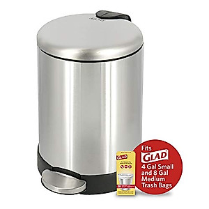 Glad Small Trash Can, 1.2 Gallon | Round Stainless Steel Garbage Bin with Soft Close Lid & Step Foot Pedal | Metal Waste Basket with Removable Inner Bucket, Stainless