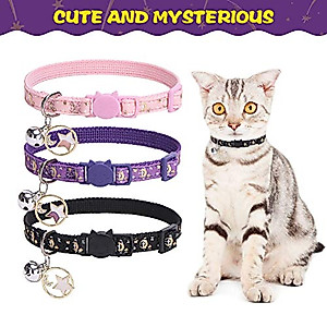 Breakaway Cat Collar with Bells - 3 Pack Charming Luminous Safe Adjustable Moon Pattern Kitten Collar Personalized with Star Pendant, Glow in The Dark