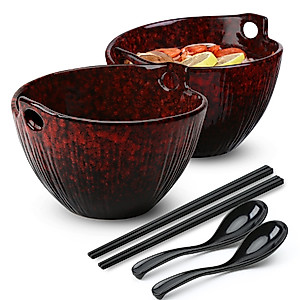 JH JIEMEI HOME Ramen Bowl with Chopsticks and Spoons, Ceramic Set of 2, Dishwasher Safe for Pho Udon Soba Noodle Salad Pasta, Special Reactive Glazed Crimson Bowls Set