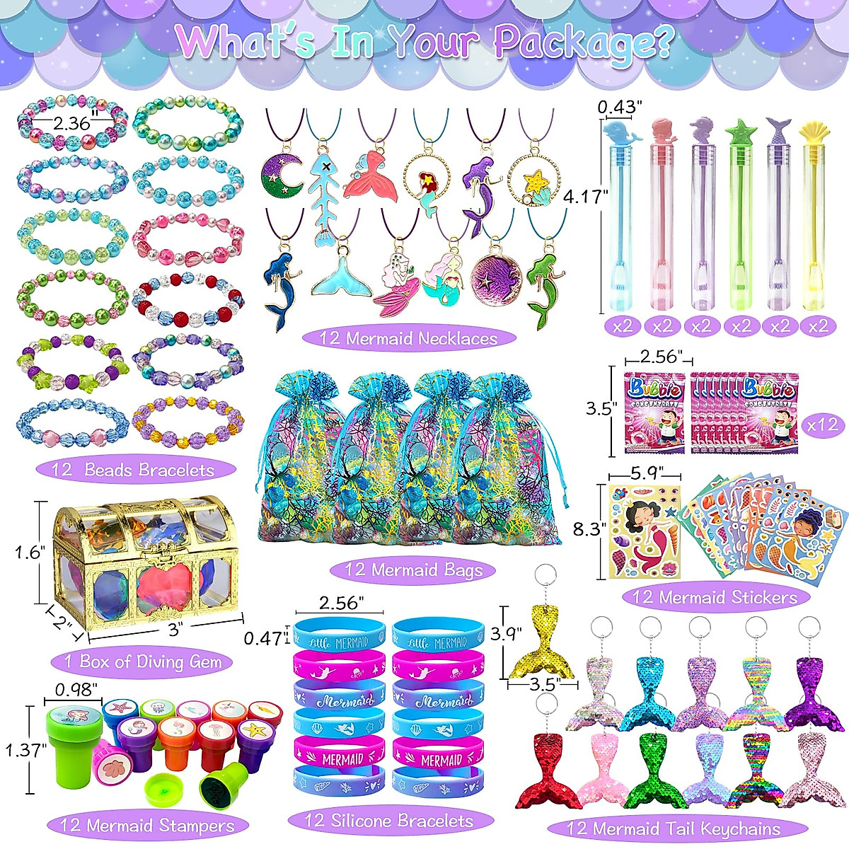 97 pcs Mermaid Party Favors Birthday Party Supplies Bubble Wands Stickers Bags Necklaces Keychains Bracelets Diving Gem Stamps Decorations Toys for Kids Girls Goodie Bag Fillers Summer Sea Toys Prize