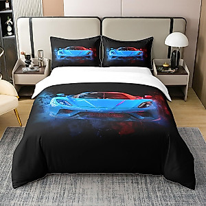 jejeloiu Race Car Duvet Cover 100% Cotton Full Size Speed Sports Car Bedding Cotton Duvet Cover Set Extreme Sports Bedding Set Automobile Comforter Cover Set Car Red Blue Bedspread Cover