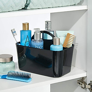 mDesign Small Plastic Shower/Bath Storage Organizer Caddy Tote with Handle for Dorm, Shelf, Cabinet - Hold Soap, Shampoo, Conditioner, Combs, Brushes, Lumiere Collection, Black