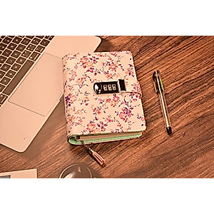 JunShop Floral Password Diary with Lock A6 Refillable Locking Journal PU Leather Combination Locked Diary Journal (Purple)