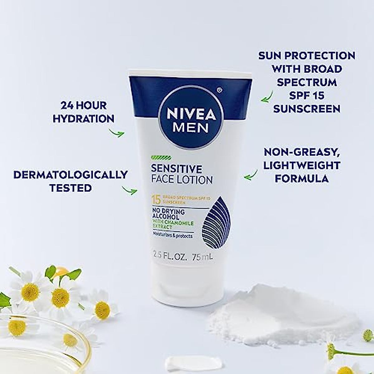 NIVEA MEN Sensitive Face Lotion with SPF 15, Broad Spectrum Sunscreen, 3 Pack of 2.5 Fl Oz Tubes