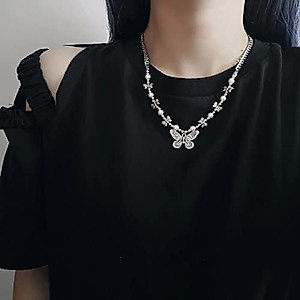 KURTCB Y2k Necklaces Accesories Grunge Cross Heart Butterfly Pearl Zinc Necklace Vintage Gothic Aesthetic Choker Necklace Set for Women Girls