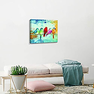 Loomarte Bird Pictures Wall Decor Five Singing Birds Oil Painting Canvas Print Artwork Abstract Painting Walls Art for Home Bathroom Bedroom Kitchen Living Room Ready to Hang, Framed 12x16 inch Panel
