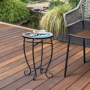 Teamson Home 14 Inch Round Small Outdoor Patio Weather Resistant Planter Stand with Iron Frame, Curved Legs and Ceramic Mosaic Surface, Blue