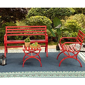 MFSTUDIO Outdoor Garden Patio Bench,Iron Metal Steel Frame Park Single Bench with Backrest and Armrest for Lawn,Porch,Backyard,Balcony-Red