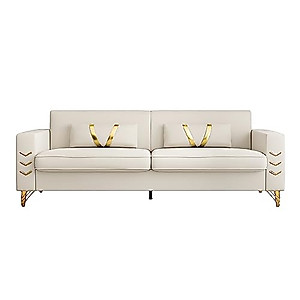 Tomkate 85.63" Modern Sofas for Living Room, Velvet Chesterfield Sofa with Two Lumbar Pillows and Gold Metal Legs, Luxury 3 Seater Sofa Couches for Living Room, Bedroom (Beige)