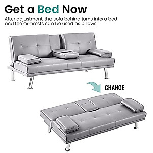 AWQM Faux Leather Futon Sofa Bed Upholstered Modern Convertible Sofa Bed Small Couch Bed Adjustable Couch Sleeper for Compact Living Space, Removable Armrests, Metal Legs, 2 Cupholders, Light Grey