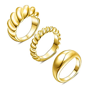 LANE WOODS Chunky Ring Set: 14k Gold Plated Croissant Braided Twisted Dome Ring Jewelry for Women Men(8" Gold)