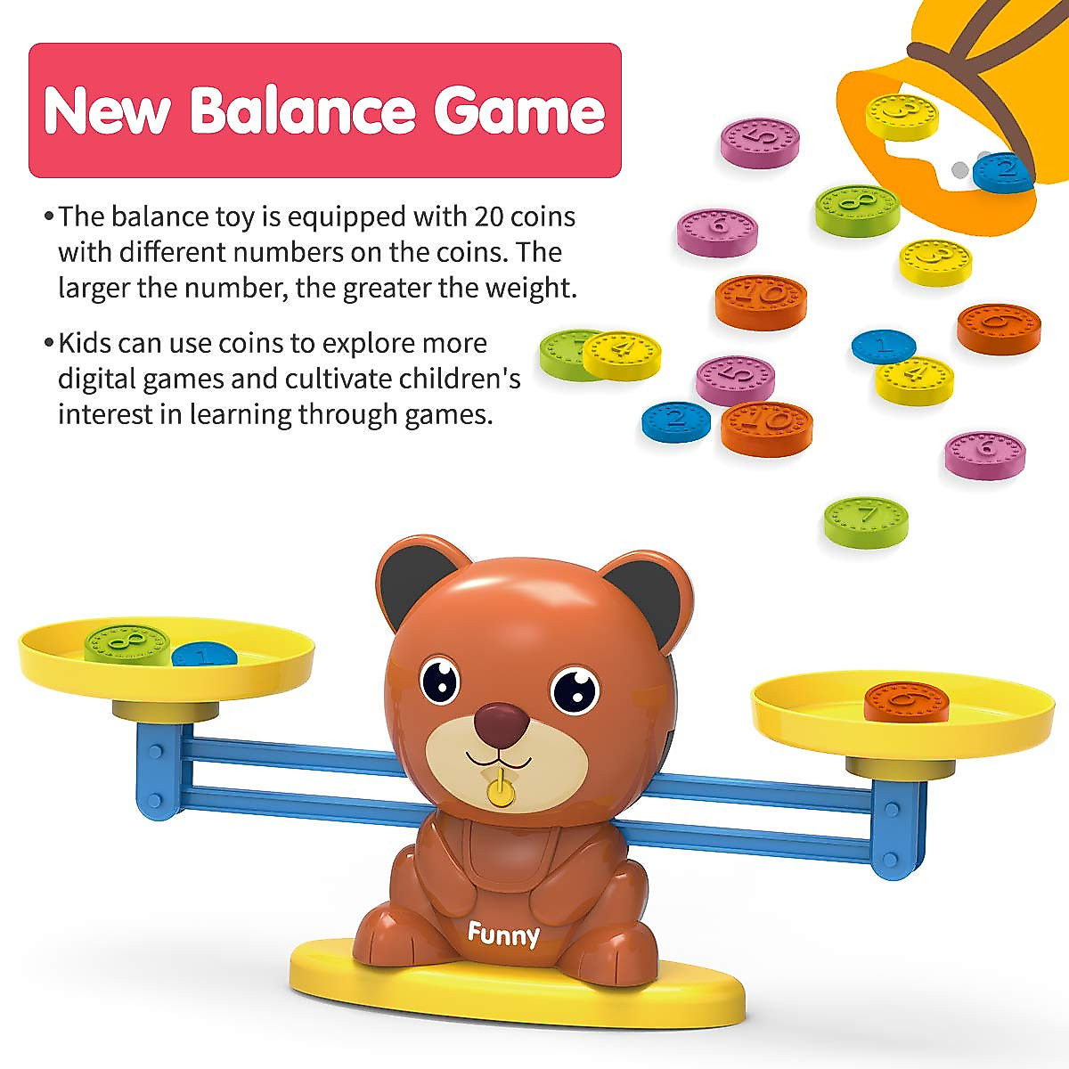 REMOKING Bear Balance Game Toy, Funny Math Number Game, Educational Learning Counting Number Toy with Numbers, Little Bears, Game Cards, Coins, Great Gifts for Kids 3 Years and up