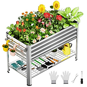 Pikorce Raised Garden Bed with Legs, 48x24x32in Outdoor Elevated Galvanized Metal Large Planter Box Stand with Drainage Holes for Backyard, Patio, Balcony, 400lb Capacity, Silver