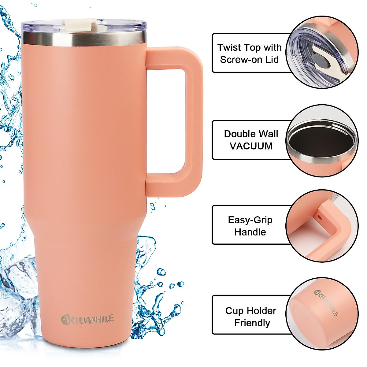 AQUAPHILE 40 oz Insulated Tumbler with Handle, Stainless Steel Travel Mug with Lid and Straw, Double Wall Vacuum Leak Proof Portable Coffee Tumbler, Thermal Cup for Car, Camping, Outdoor(Peach Pink)
