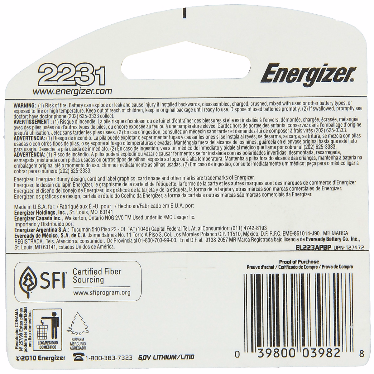 Energizer Photo Special Application Battery, Cell Size, 223