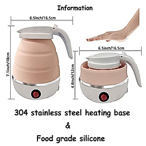 Foldable Portable Electric Kettle with Food Grade Silicone, 9 Mins Fast Water Boiling Tea Pot Coffee Pot for Camping or Travel, Collapsible Kettle with Separable Power Cord 110V US Plug 600ML Pink