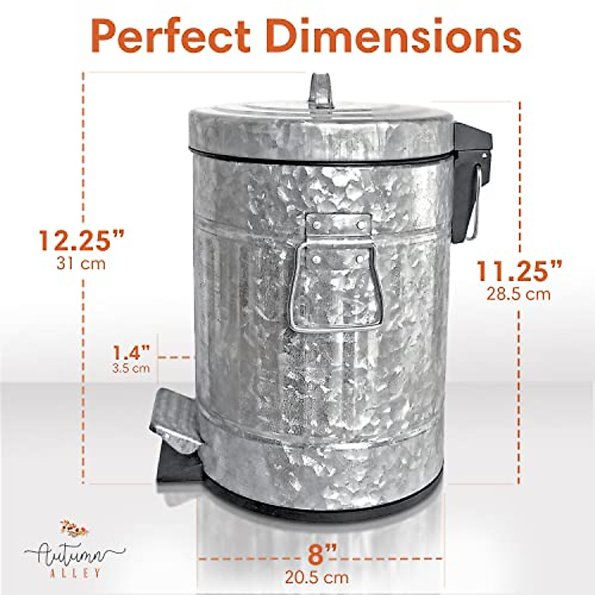 Autumn Alley Farmhouse Bathroom Trash Can - Galvanized Trash Can with Lid and Pedal for Rustic Bathroom, Farmhouse Kitchen Trash Can, Country Home Décor, 5L, 1.3 Gallon, Galvanized Grey