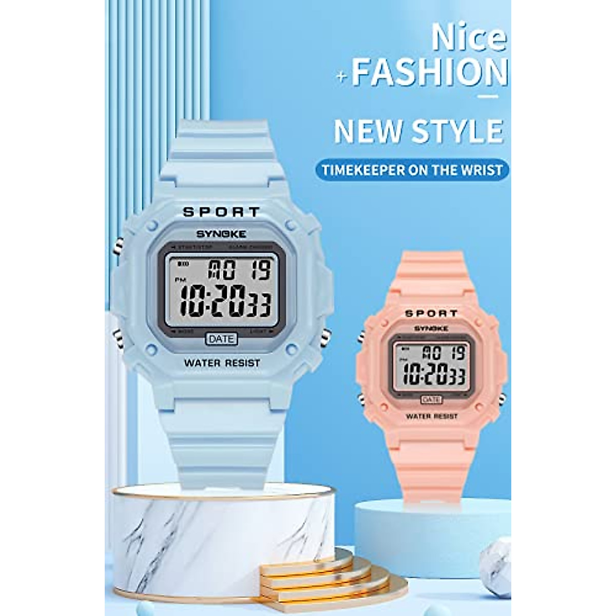 KINGNUOS Outdoor Sports Watches Unisex Digital Watch Couple Men Women Waterproof LED Clock Square Electronic Student Wrist (Blue)