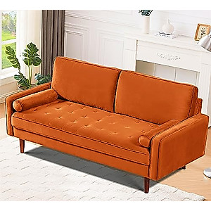 Container Furniture Direct Velvet 58" Loveseat Sofa Couch for Living Room, Classic Mid-Century Style with Modern Silhouette, Button Tufting and Wood Legs, Includes 2 Bolster Pillows, Orange