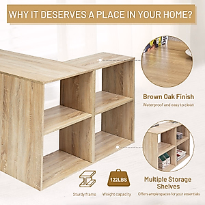 FurnitureR Home Office L-Shaped Computer Desk with Storage Shelves, 47" and 35" Corner Desk Space-Saving Writing Table Gaming PC Workstation (Light Brown)