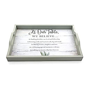 at Our Table We Believe Prayer Serving Tray with Slatted Wood Look 18"x 12" Rustic Farmhouse Modern Sage Green Leaves Decorative Large Platter