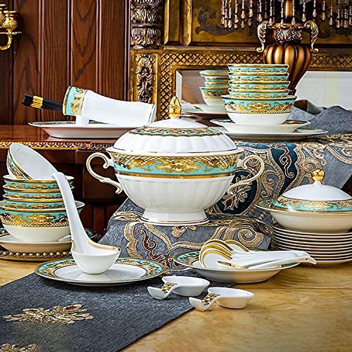 Porcelain Plate and Bowl Set,Dinnerware Set for Home or Special Restaurant, Ceramics Dinner Set, 59 Pieces High-Grade Phnom Penh Porcelain Dinnerware Sets | Soup Pot/Plate/Bowl - Bone China Combinati
