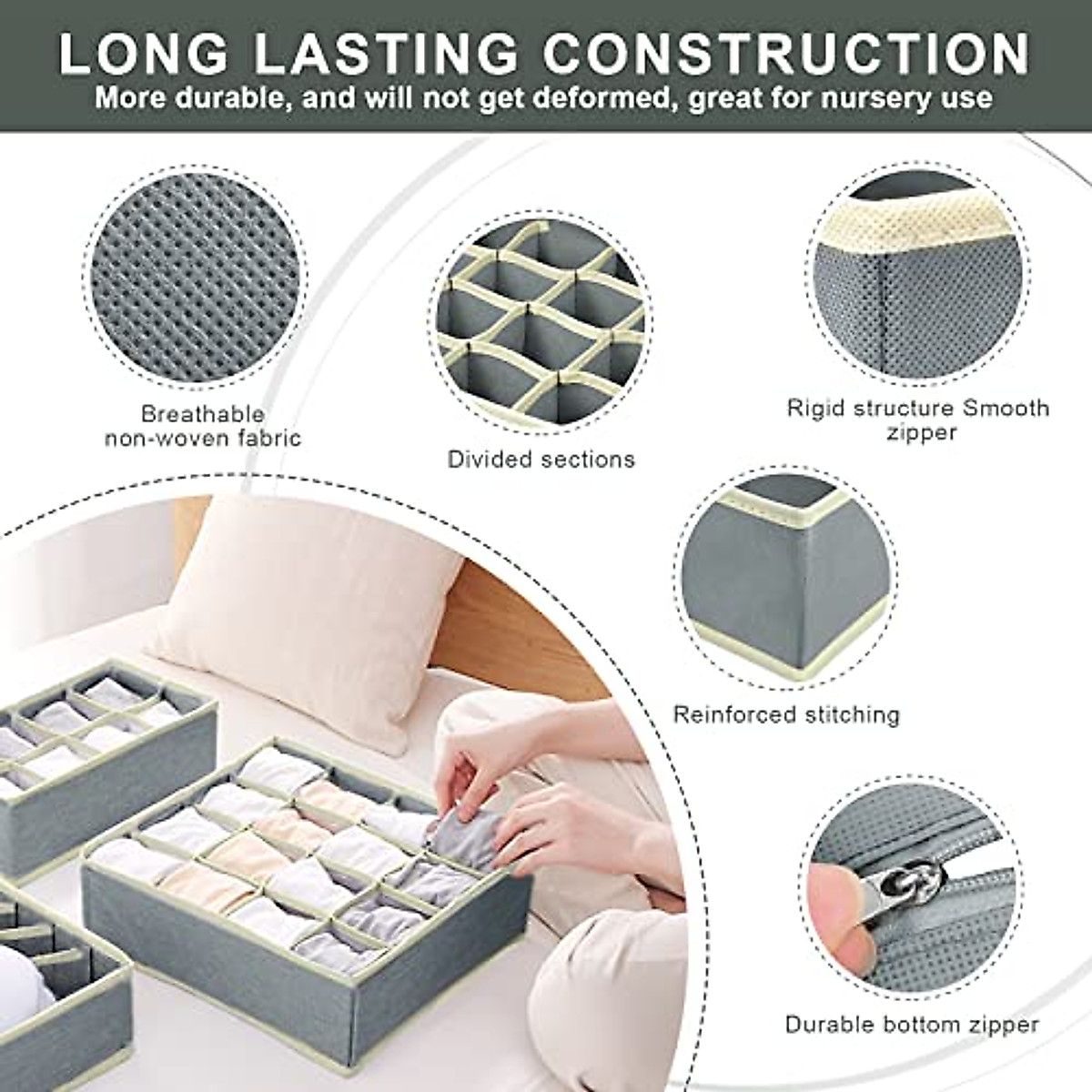 LadyRosian 12 Pack Foldable Drawer Organizers, Storage Boxes, Closet Dresser Drawer Organizer Dividers Fabric Containers Basket Bins for Underwear Bras Panties Ties Socks Baby Cloth (Grey)