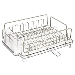 mDesign Large Metal Wire Kitchen Countertop, Sink Dish Drying Rack with Removable Plastic Cutlery Tray Caddy and Drainboard with Adjustable Swivel Spout - 3 Pieces - Satin/Clear