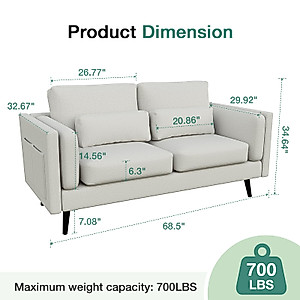 Novilla 68.5 Inch Modern Loveseat Sofa Couches, Small Sofa with 2 Waist Pillows, Natural Linen Upholstered Couch for Living Room, Bedroom and Apartment, Solid Wood Frame, Easy to Install, White