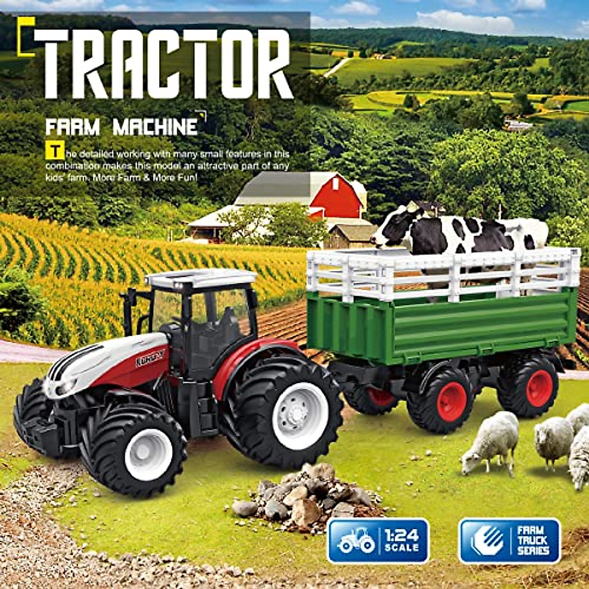 fisca Remote Control Tractor Toy RC Farm Tractor Set with Trailer Front Forklift, 1/24 Scale 2.4Ghz Electronic Tractor Farm Truck Vehicle Toy with Light for Kids Age 6, 7, 8, 9 and Up Years Old