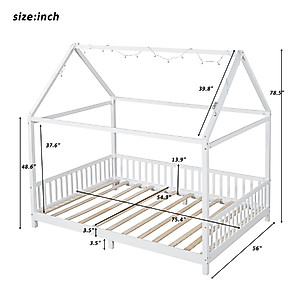 SOFTSEA Wood Montessori Bed Frame with High Fence Full Size House Bed Low Bed Frame with LED Lights for Kids
