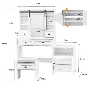 MECHYIN Farmhouse Makeup Vanity Desk with Sliding Mirror and Lights, 49'' White Vanity with Nightstand & Power Outlet, Vanity Table with Drawers, Storage Shelves, Makeup Vanity Table Set with Stool
