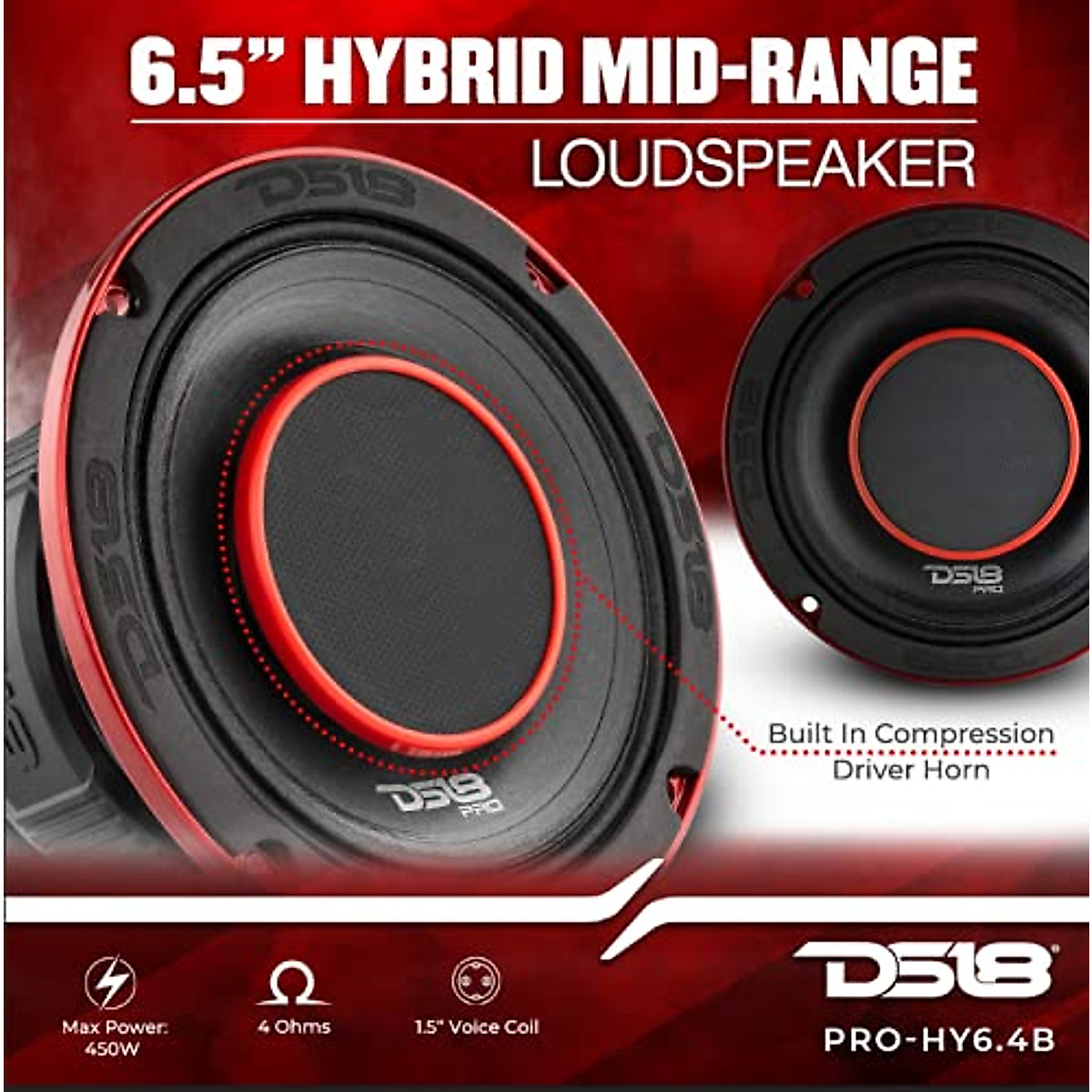 DS18 PRO-HY6.4B 6.5" Hybrid Mid-Range Car Audio Loudspeaker with 1" VC Built-in Compression Driver Horn and Water Resistant Cone 450W Max 225W RMS 4 Ohms (1 Speaker)