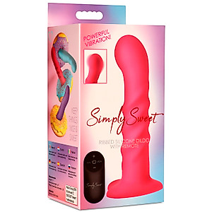 SIMPLY SWEET 21X Vibrating Ribbed Silicone Dildo with Remote for Women, Men & Couples. 3 Speeds and 7 Patterns of Vibration. Flexible Shaft, Harness Compatible Suction Base, Rechargeable. Ribbed, Pink