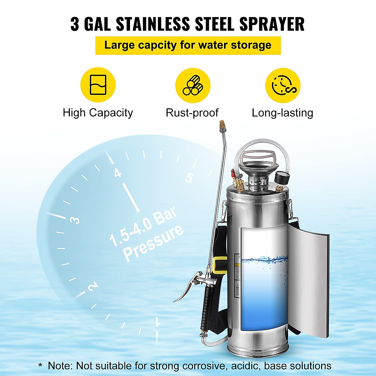 Happybuy 3 Gallon Stainless Steel Sprayer, 20" Wand & 3FT Reinforced Hose, Hand Pump Sprayer with Pressure Gauge, Safety Valve & Adjustable Nozzle, Garden Weed Sprayer for Lawn, Gardening & Sanitizing