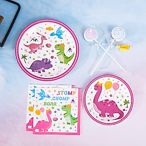 WERNNSAI Disposable Dinosaur Plates and Napkins - 48PCS Dino Party Supplies for Girls Luncheon Dinner Dessert Cake Plates Baby Shower Birthday Party Tableware Kit Serves 16 Guests