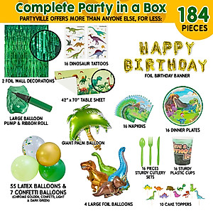 Partyville Dinosaur Party Decorations - Dinosaur Birthday Party Supplies Kit (SERVES 16) With Plates Cups Napkins Banner Cutlery BALLOON PUMP Tablecloth AND MUCH MORE