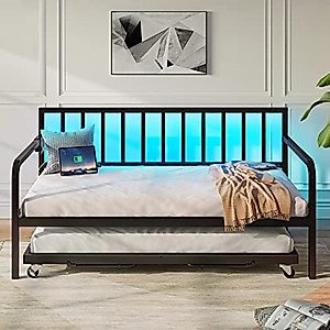 Rolanstar Daybed with Charging Station and LED Lights, Height Adjustable Twin Daybed with Trundle, Metal Sofa Bed Frame with Steel Slat Support for Living Room, Bedroom and Guest Room, Black