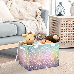 Ollabaky Green Pink Purple Blue Glitter Larger Collapsible Storage Bin Fabric Decorative Storage Box Cube Organizer Container Baskets with Lid Handles for Closet Organization, Shelves