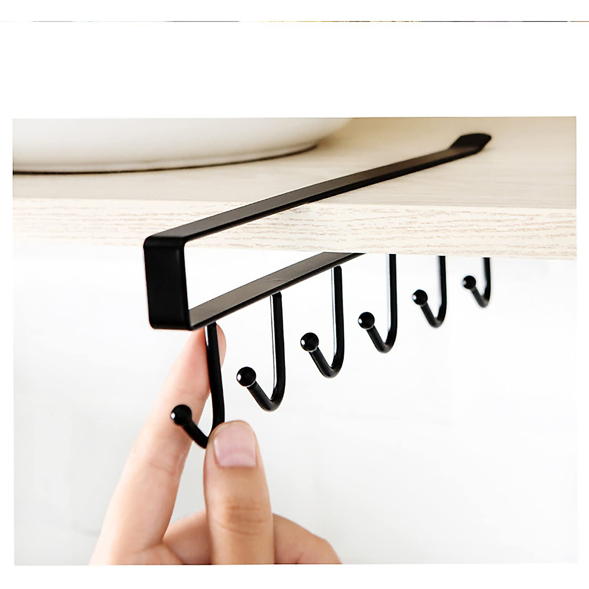 Gouccpu 1 Pack Hanging Hooks Rack Under Cupboard Cabinet Cup Holder Coffee Mug Holder 6 Hooks Drilling Free Coffee Cups Holder Kitchen Utensil Storage Organizer Hook Rack (Black)