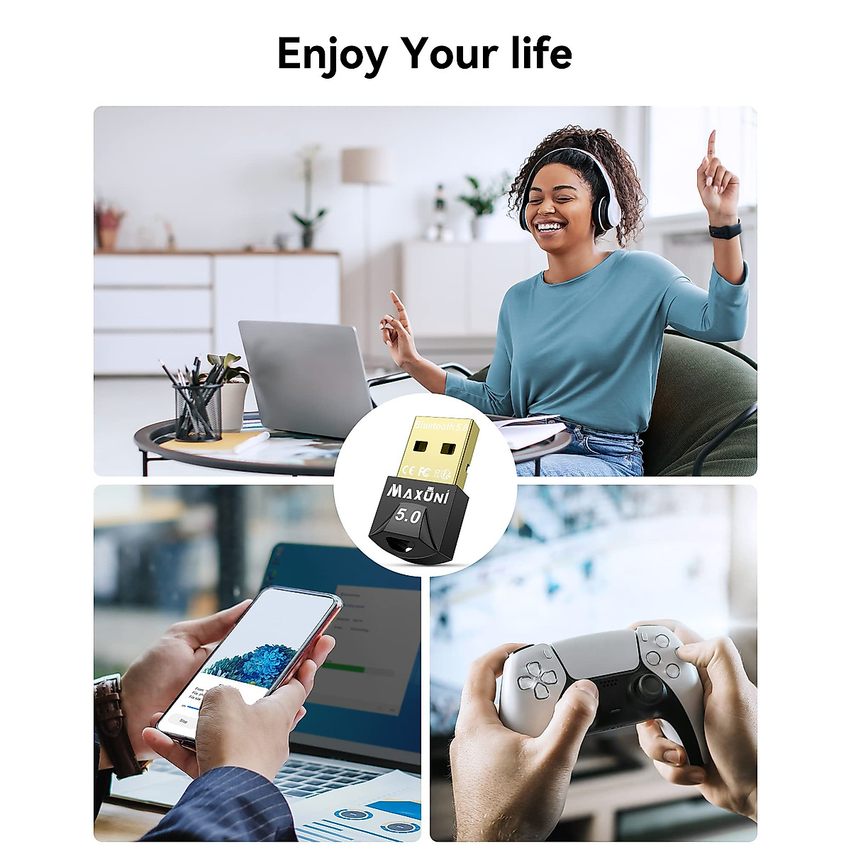 Maxuni USB Bluetooth Adapter for PC 5.0, Bluetooth Dongle 5.0 Adapter,for Laptop Keyboard Mouse Headsets Speakers, Long Range Bluetooth Supports Windows 11/10/8.1(Plug and Play)