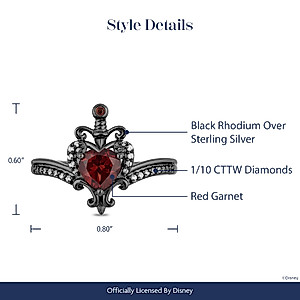 Jewelili Enchanted Disney Fine Jewelry Black Rhodium over Sterling Silver with 1/10 Cttw Diamonds and Red Garnet Evil Queen Dagger Ring, Size 9